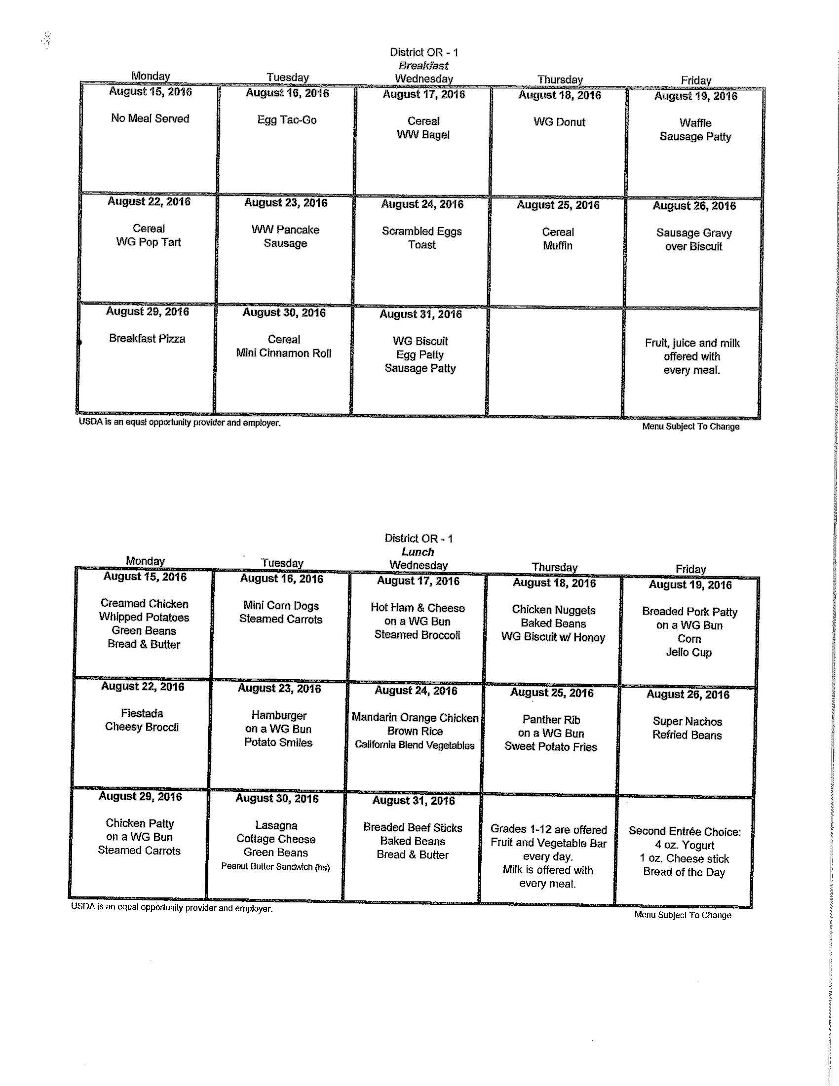 District OR-1 - August Lunch Menus